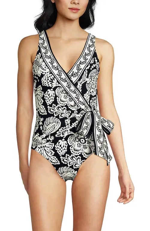 LANDS' END Chlorine Resistant Side Tie Wrap One Piece Swimsuit - Floral Medley/black Border