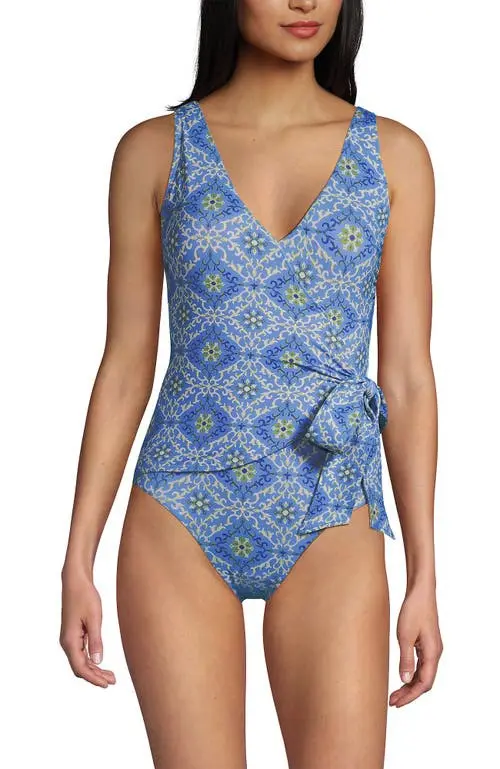 LANDS' END Chlorine Resistant Side Tie Wrap One Piece Swimsuit - Lake Blue/egret Geo Floral