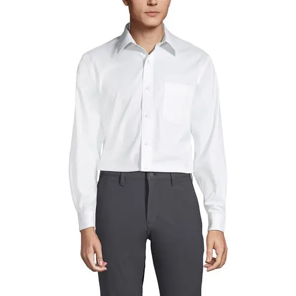 LANDS' END No Iron Supima Cotton Pinpoint Straight Collar Dress Shirt - White