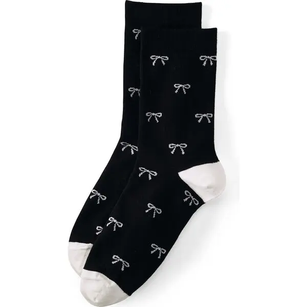 LANDS' END Novelty Crew Socks - Black Ivory Bow