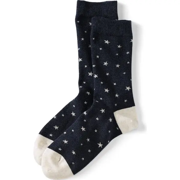 LANDS' END Novelty Crew Socks - Deep Sea/ivory Heather Stars
