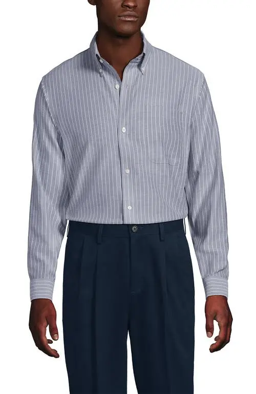 LANDS' END Big And Tall No Iron Supima Cotton Oxford Dress Shirt - Pale Periwinkle/navy Stripe