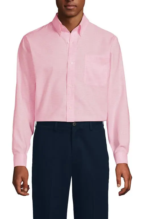 LANDS' END Big And Tall No Iron Supima Cotton Oxford Dress Shirt - Sea Salt Pink Plaid