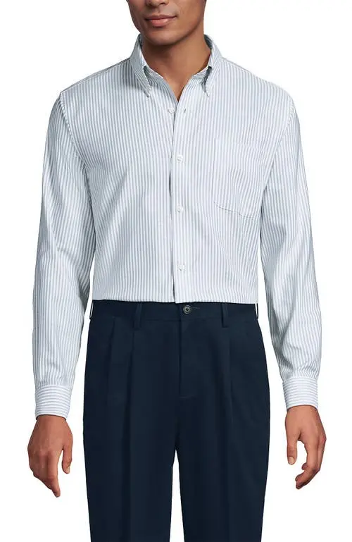 LANDS' END Big And Tall No Iron Supima Cotton Oxford Dress Shirt - Tourmaline/white Stripe