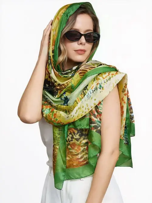 SILKSILKY Pure Silk Oil Painting Rectangle Scarf - Multi