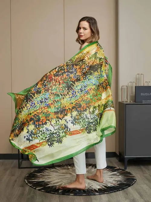 SILKSILKY Pure Silk Oil Painting Rectangle Scarf