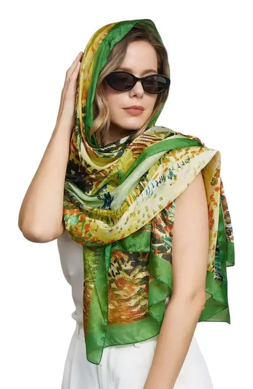 SILKSILKY Pure Silk Oil Painting Rectangle Scarf - Multi