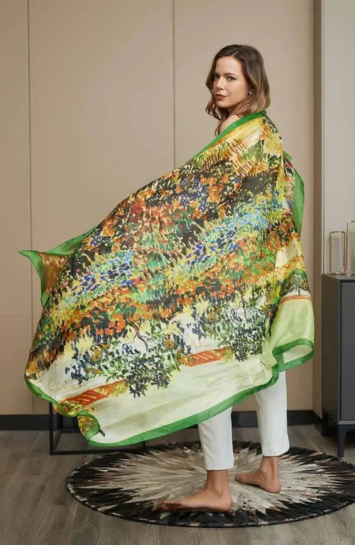 SILKSILKY Pure Silk Oil Painting Rectangle Scarf