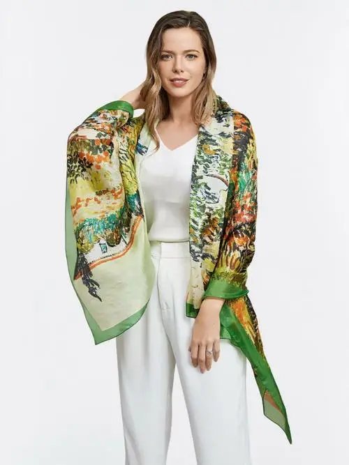 SILKSILKY Pure Silk Oil Painting Rectangle Scarf