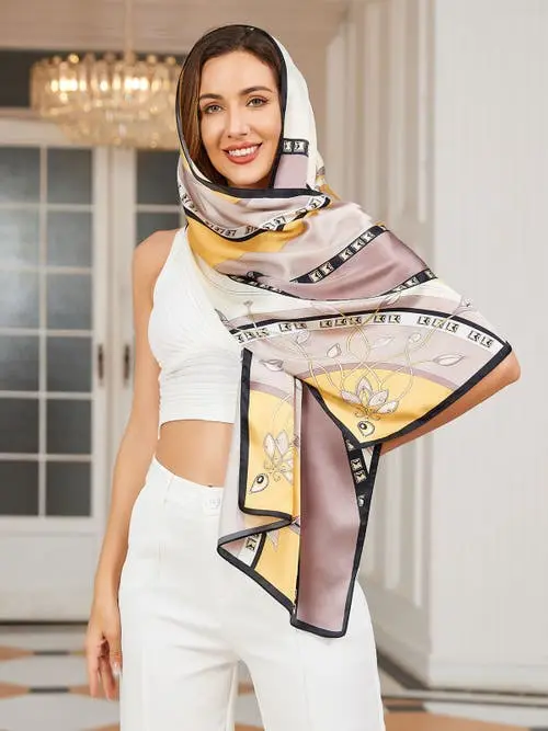SILKSILKY Mulberry Silk Printed Rectangular Long Shawl Scarf - Yellow