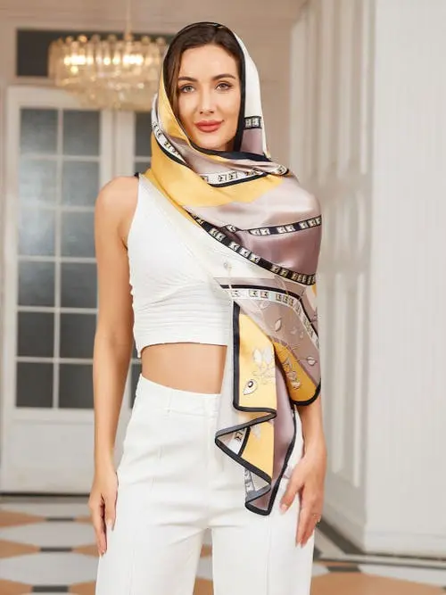 SILKSILKY Mulberry Silk Printed Rectangular Long Shawl Scarf - Yellow