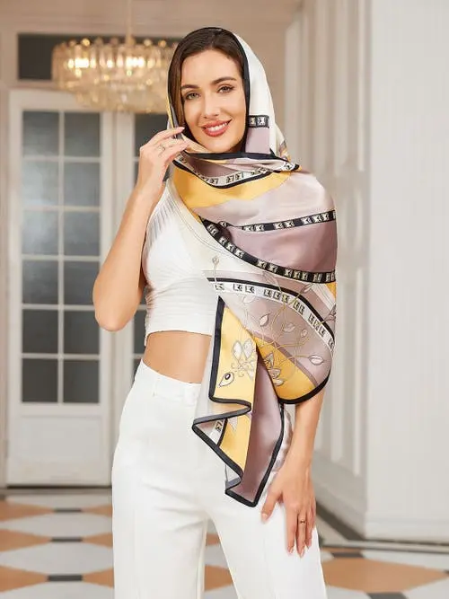 SILKSILKY Mulberry Silk Printed Rectangular Long Shawl Scarf - Yellow