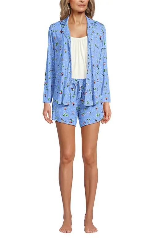 LANDS' END Cooling 3 Piece Pajama Setlong Sleeve Top Cami And Shorts - Clear Blue Sky Skiers