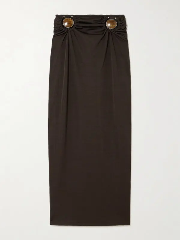 Christopher Esber Mineral Stone Embellished Ruched Ribbed Jersey Midi Skirt