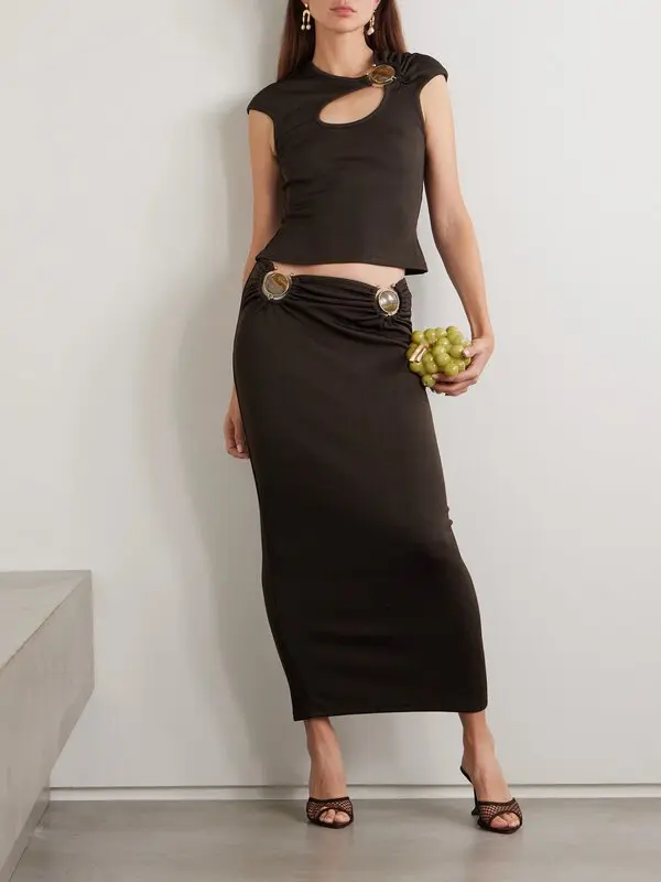Christopher Esber Mineral Stone Embellished Ruched Ribbed Jersey Midi Skirt