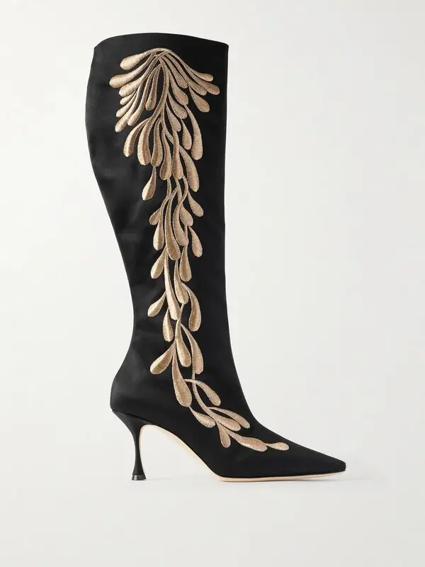 Manolo Blahnik Menki Knee High Embroidered Satin Boots