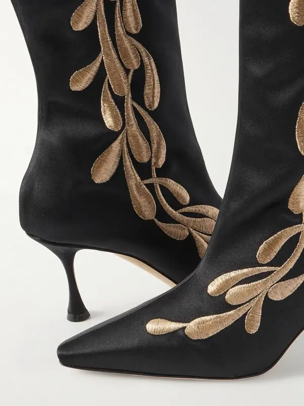 Manolo Blahnik Menki Knee High Embroidered Satin Boots