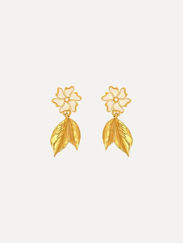 Oscar De La Renta Enamel Cherry Blossom Leaf Drop Earrings - White