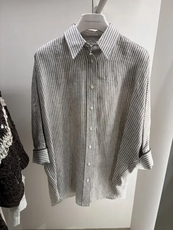 Brunello Cucinelli Striped Linen Shirt - White And Taupe Striped