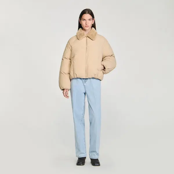 Sandro Padded Puffer Jacket With Faux Shearling Collar - Beige