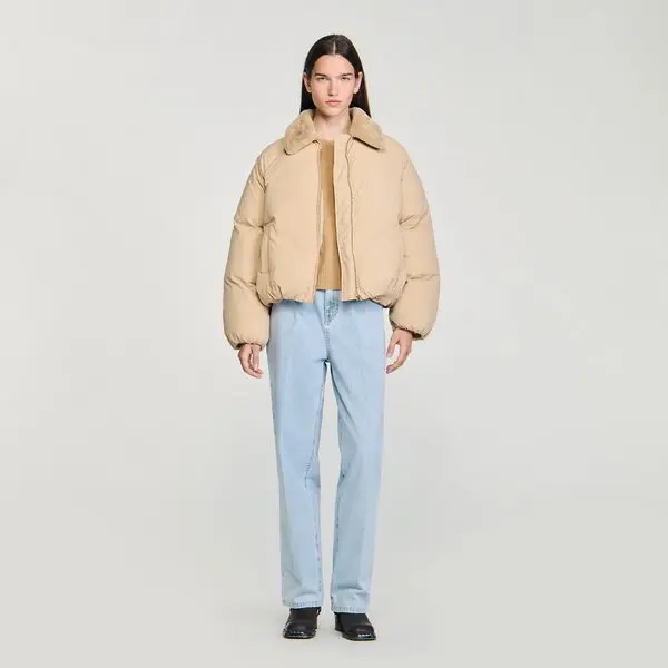 Sandro Padded Puffer Jacket With Faux Shearling Collar - Beige