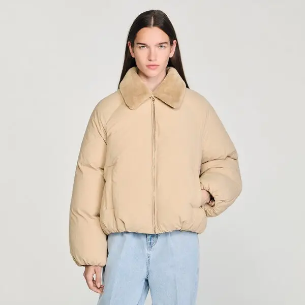 Sandro Padded Puffer Jacket With Faux Shearling Collar - Beige