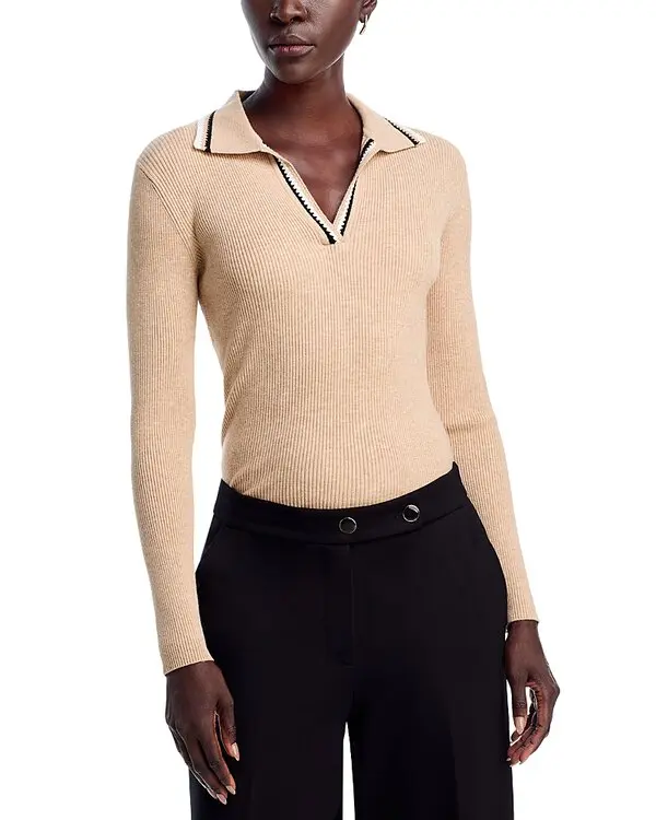 T Tahari Long Sleeve Ribbed Pullover Sweater With Collar - Stone Camel Heather