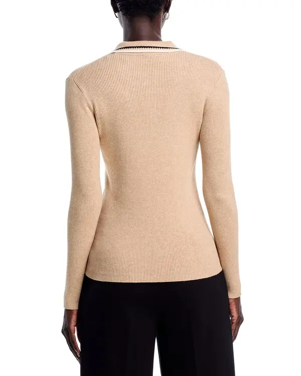 T Tahari Long Sleeve Ribbed Pullover Sweater With Collar - Stone Camel Heather