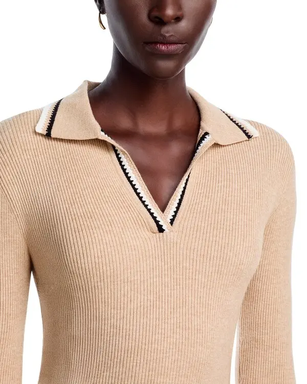 T Tahari Long Sleeve Ribbed Pullover Sweater With Collar - Stone Camel Heather