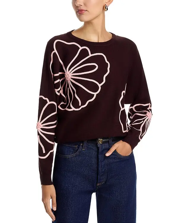 T Tahari Floral Embroidered Pullover Sweater - Espresso Bean