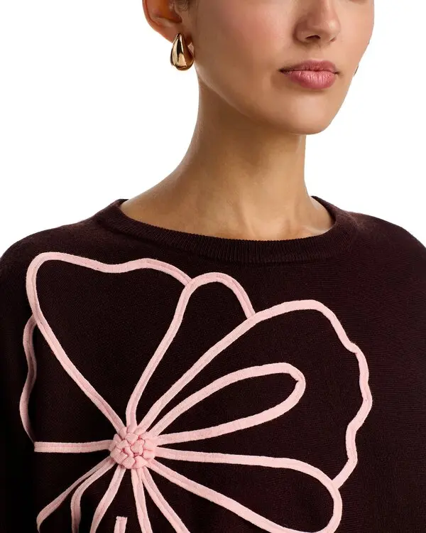 T Tahari Floral Embroidered Pullover Sweater - Espresso Bean