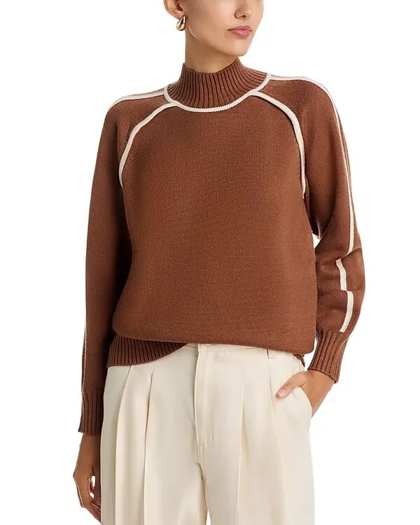 T Tahari Contrast Piping Mock Neck Sweater - Sherwood Camel