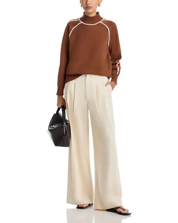 T Tahari Contrast Piping Mock Neck Sweater - Sherwood Camel