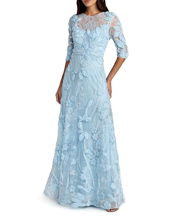 Mac Duggal 3/4 Sleeve High Neck Embroidered A-line Gown - Periwinkle