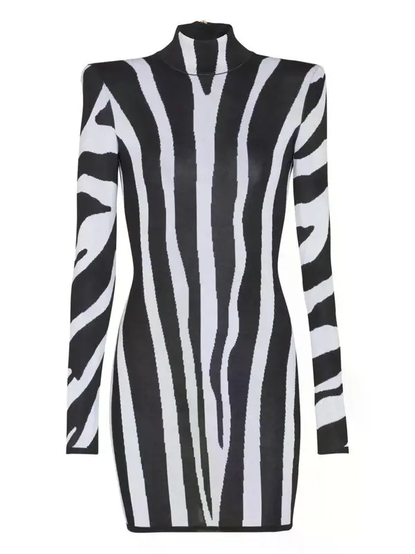 Balmain Zebra-intarsia High-neck Mini Dress - Black