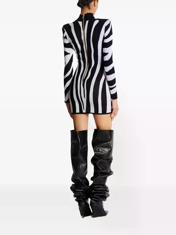 Balmain Zebra-intarsia High-neck Mini Dress
