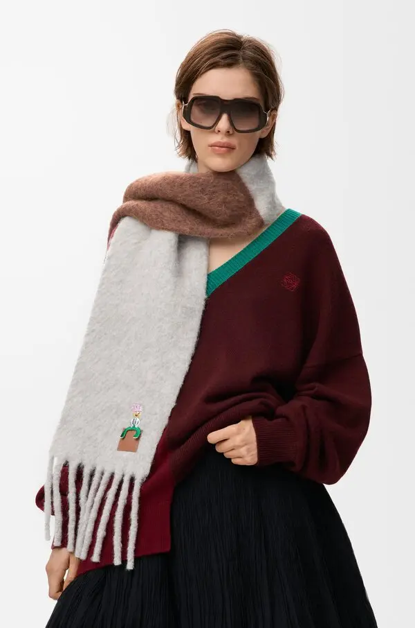 Loewe Scarf In Alpaca And Wool Blend - Light Grey/brown