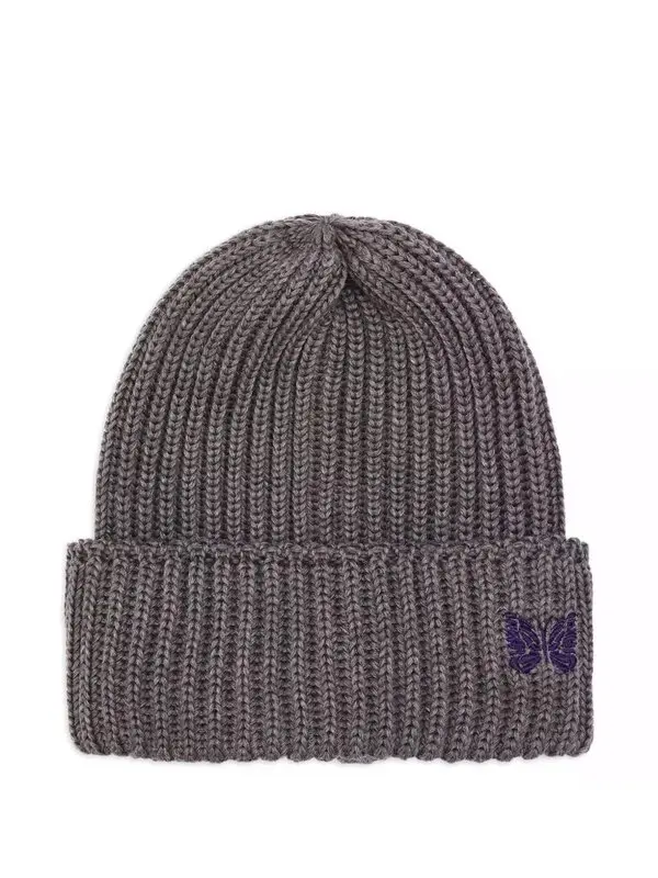 Needles Ribbed-knit Beanie With Butterfly Embroidery - Grey