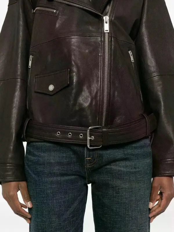 GESTUZ Belted Leather Jacket - Brown