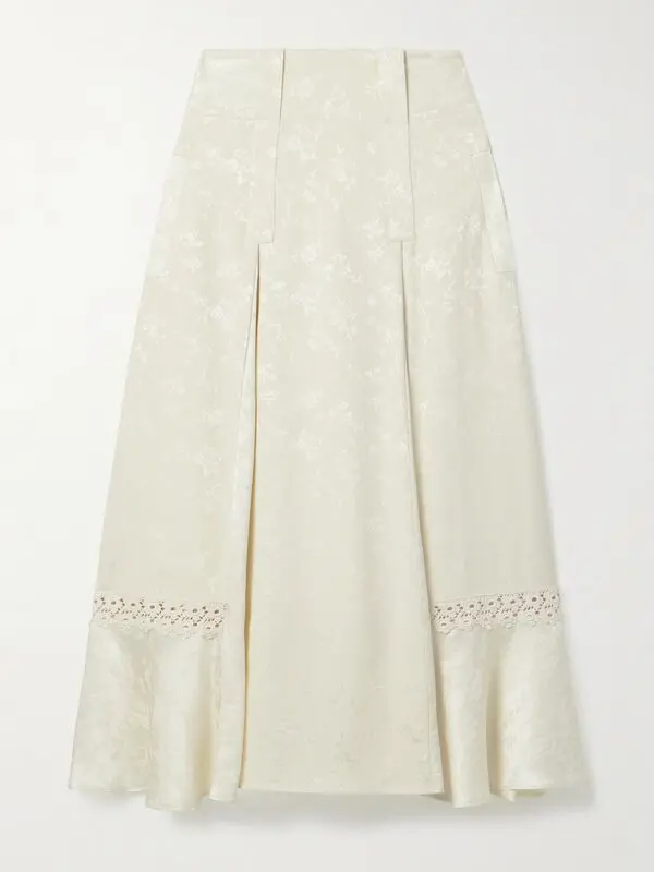 Maison Mayle Amparo Pleated Lace-trimmed Silk-satin Jacquard Midi Skirt - Neutrals