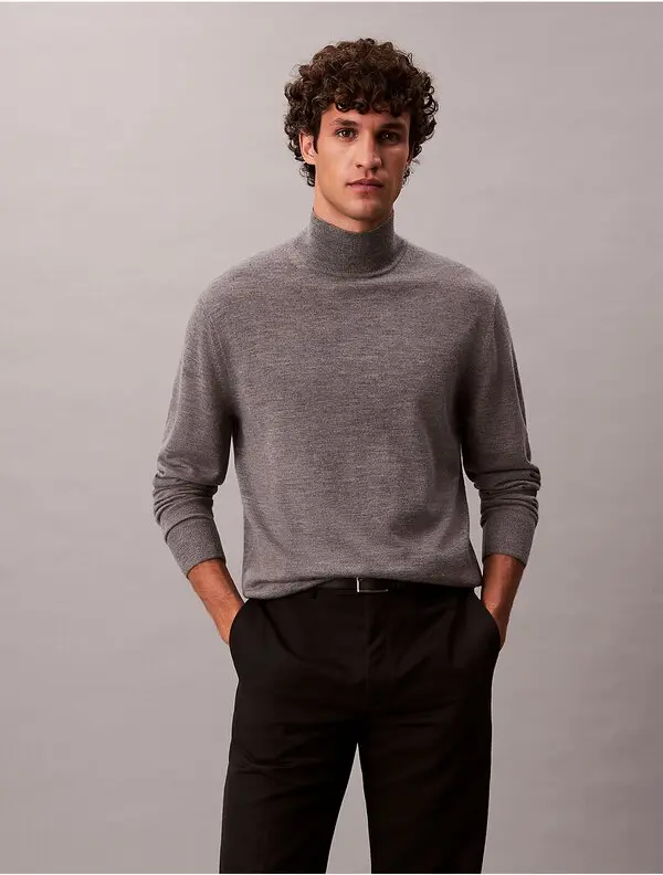 Calvin Klein Merino Wool Mock Neck Sweater - Medium Grey Heather