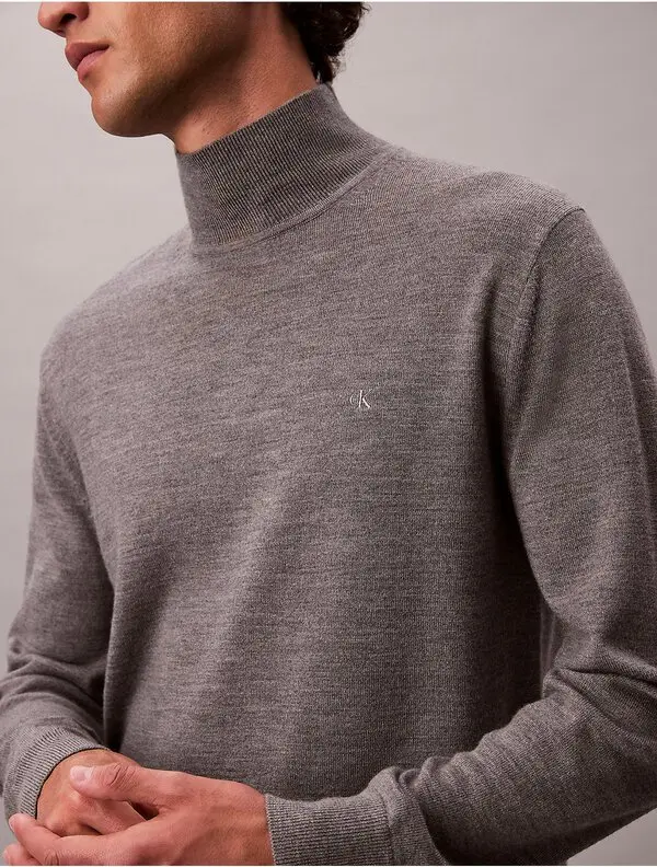 Calvin Klein Merino Wool Mock Neck Sweater - Medium Grey Heather