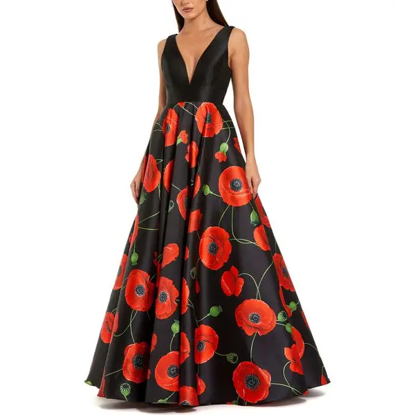 Mac Duggal Plunge Neck Floral Ballgown - Black