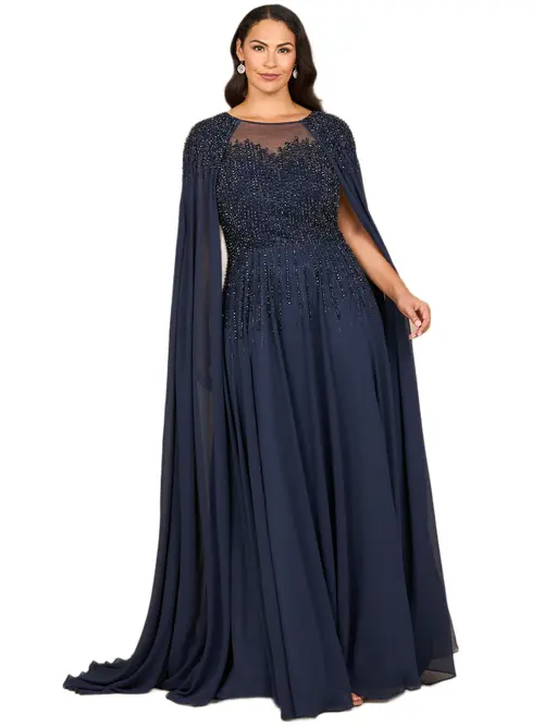 LARA NEW YORK Chiffon A-line Gown With Cape Sleeves - Navy