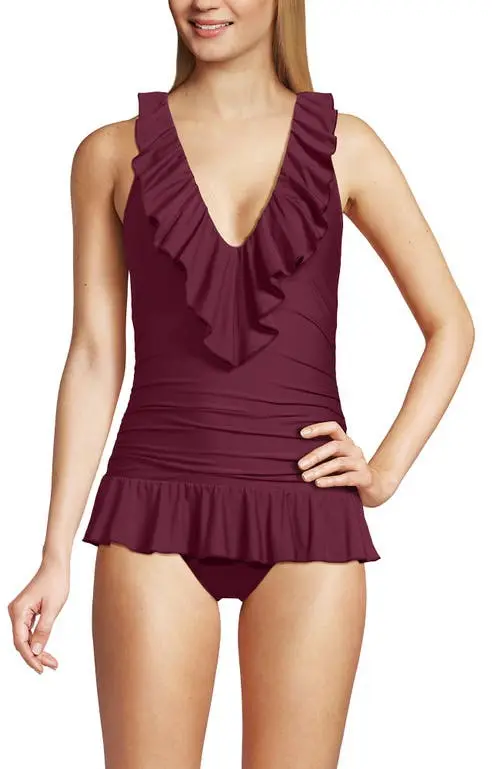 LANDS' END Skirted One-piece Swimsuit - Burgundy Spritz