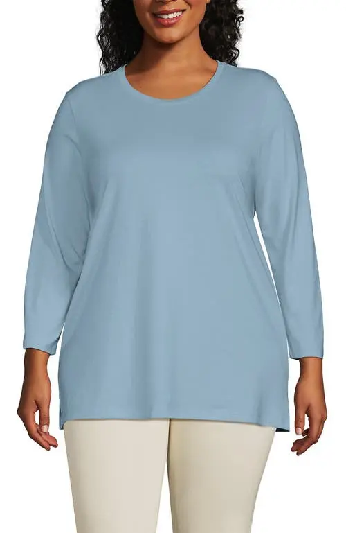 LANDS' END Cotton Supima Tunic With 3/4 Sleeves - Light Blue Sky