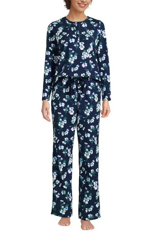 LANDS' END Petite Knit 2 Piece Pajama Setlong Sleeve Top And Pants - Deep Sea Navy Painterly Floral