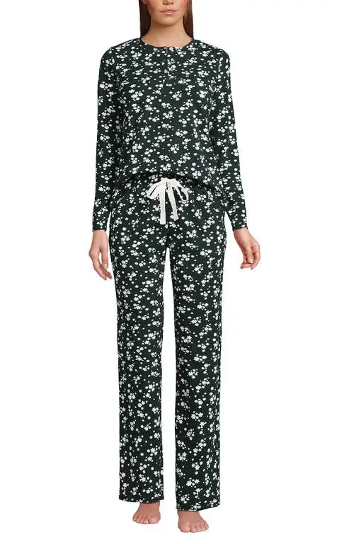 LANDS' END Petite Knit 2 Piece Pajama Setlong Sleeve Top And Pants - Forest/ivory Ditsy Floral