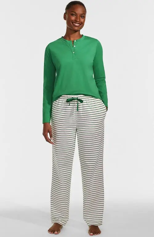 LANDS' END Knit 2 Piece Pajama Setlong Sleeve Top And Pants - Ivory/clover Simple Stripe