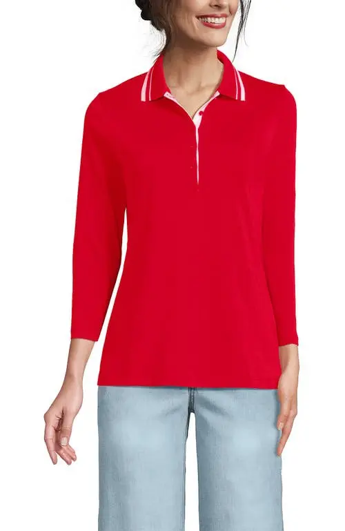 LANDS' END 3/4 Sleeve Supima Cotton Polo Shirt - Compass Red/white
